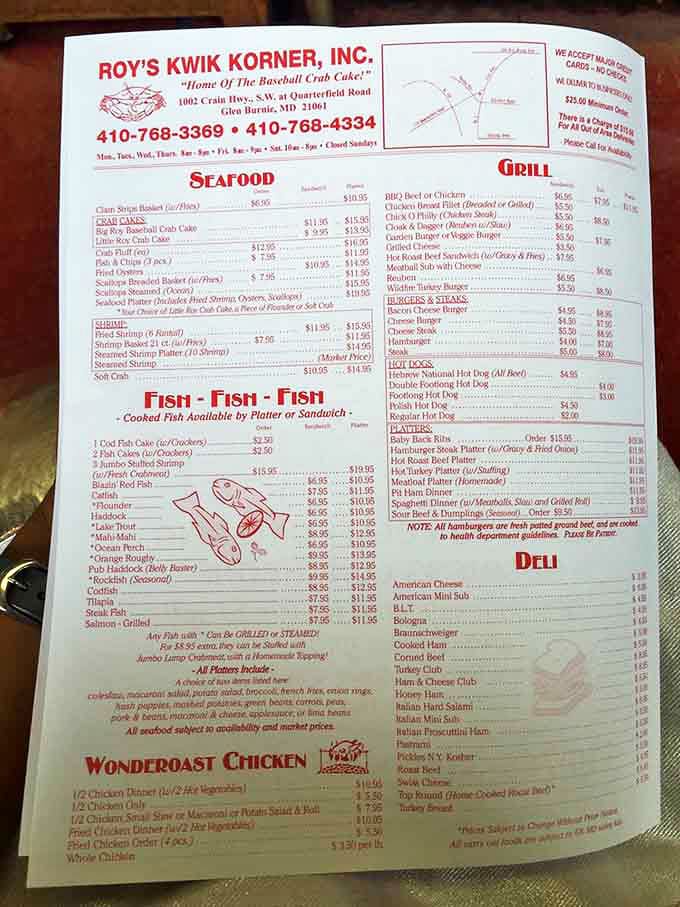 This menu isn't just a list of options – it's a roadmap to seafood nirvana with the Baseball Crab Cake as your final destination.