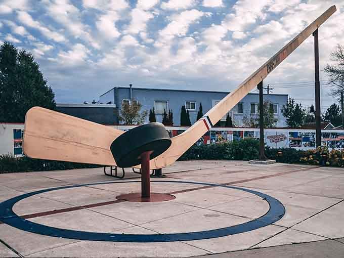 2. oversized hockey stick and puck monument