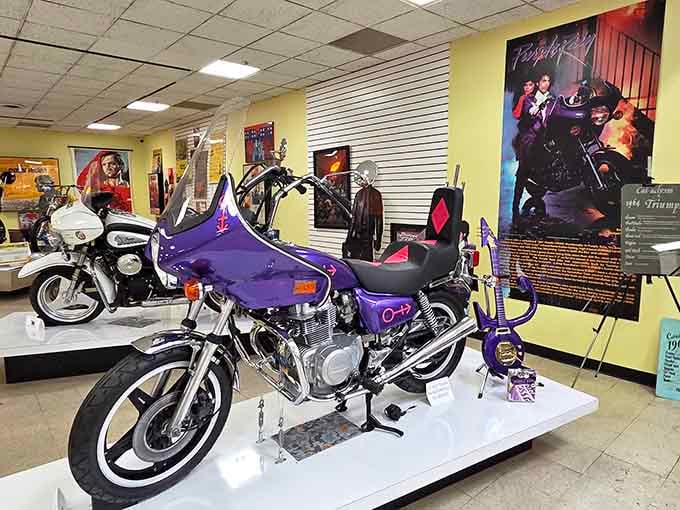 Prince's purple motorcycle sits in regal splendor, proving the Purple One knew how to ride in serious style.