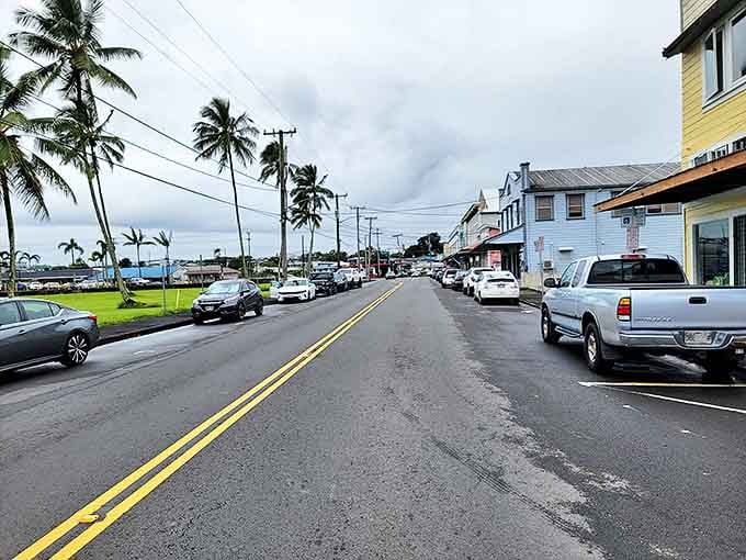 Kamehameha Avenue stretches toward the horizon, where swaying palms and vintage storefronts create Hilo's signature laid-back vibe.