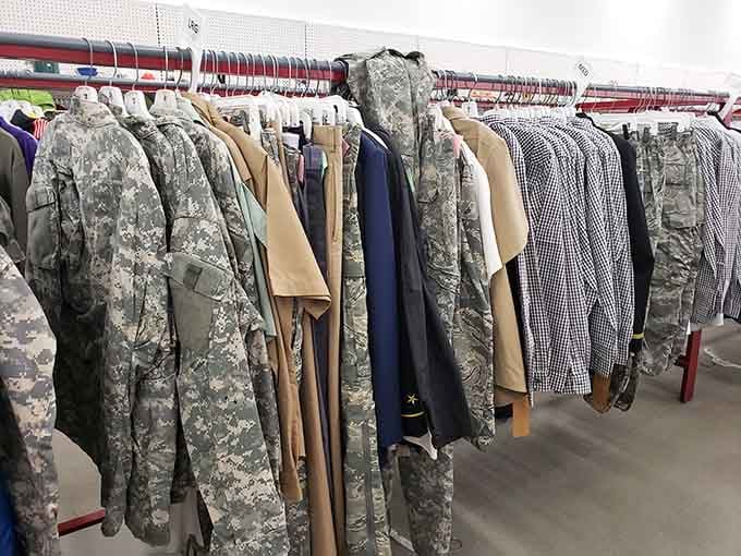 Military uniforms stand at attention alongside everyday attire. A respectful collection that honors service while offering practical value to shoppers.