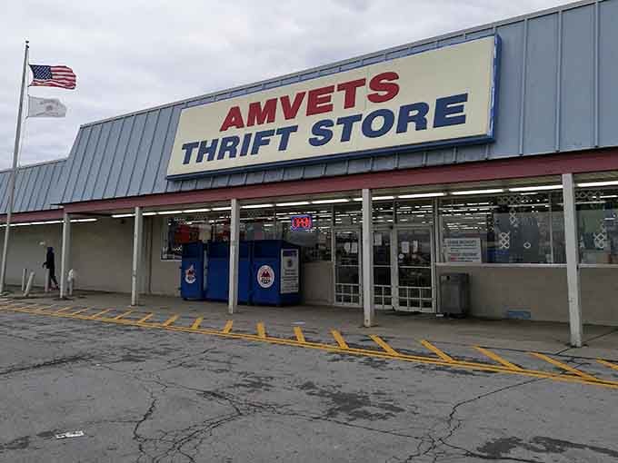 The American flag flying proudly above this AMVETS location reminds you that shopping here supports our veterans too.