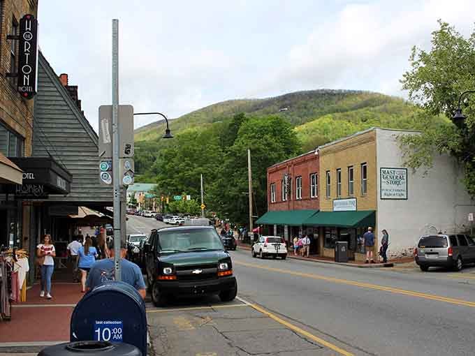 Mountains frame this downtown like nature's own picture frame, with shops nestled perfectly between peaks and pavement.