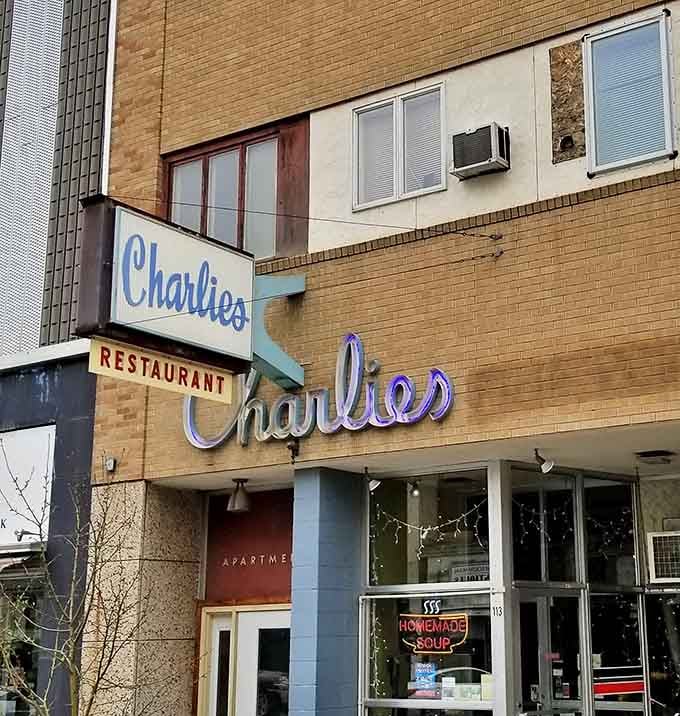 Charlie's sits tucked into downtown Minot with that homemade soup sign glowing like a warm invitation.