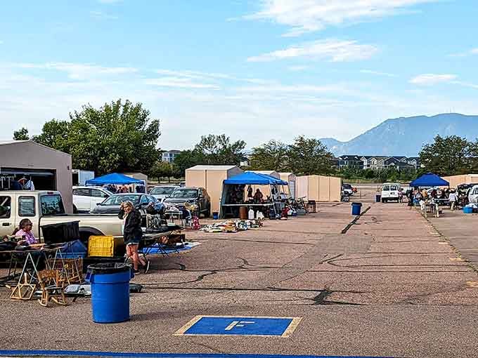 Blue tents dot the parking lot like a bazaar, with those magnificent mountains watching over every deal.