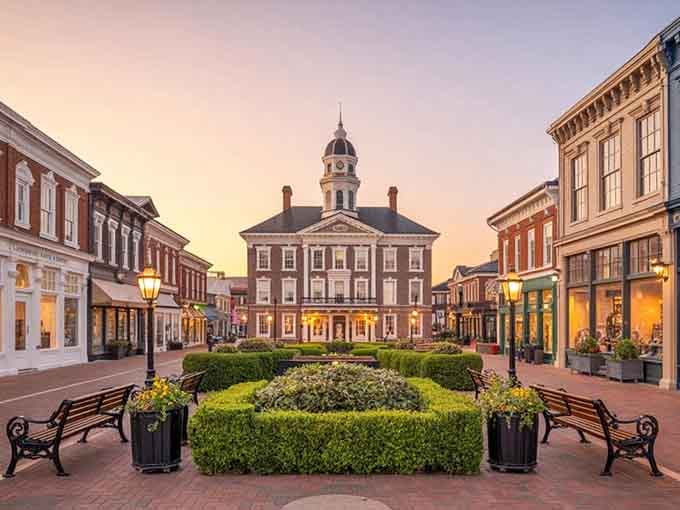 Golden hour transforms this historic square into pure magic, where every building glows like a Hallmark movie set.