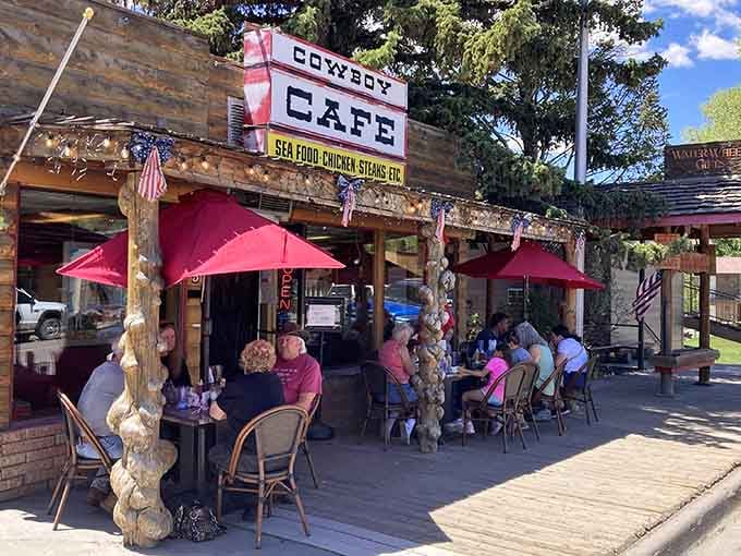 Cowboy Cafe's outdoor seating area &ndash; where the mountain air makes everything taste better and strangers become friends over coffee refills.