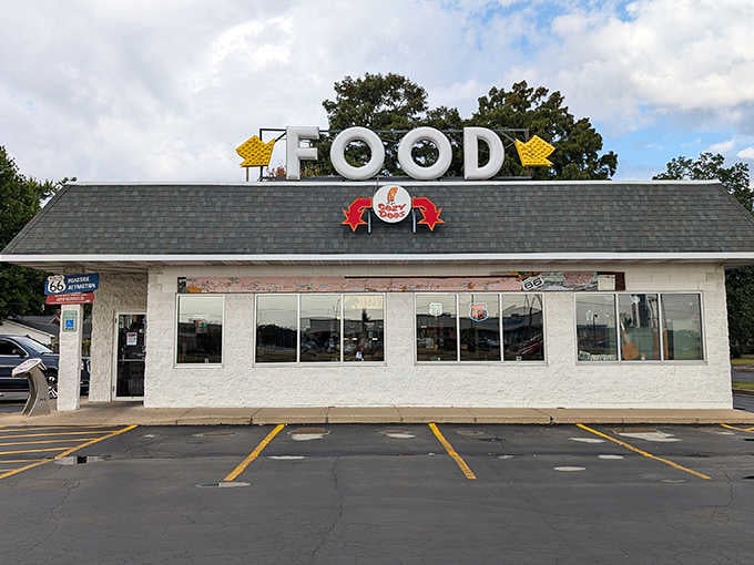 The "FOOD" sign doesn't lie &ndash; Cozy Dog's simple exterior hides Route 66's most legendary corn dog destination.