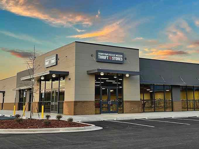 Golden hour lighting makes this modern thrift store glow like a beacon for bargain hunters everywhere.