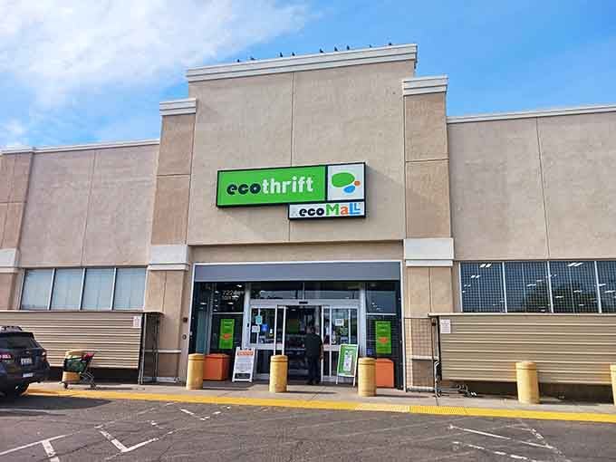 Eco Thrift's vibrant green signage stands out like the last avocado at a Sunday brunch &ndash; impossible to miss and full of promise.