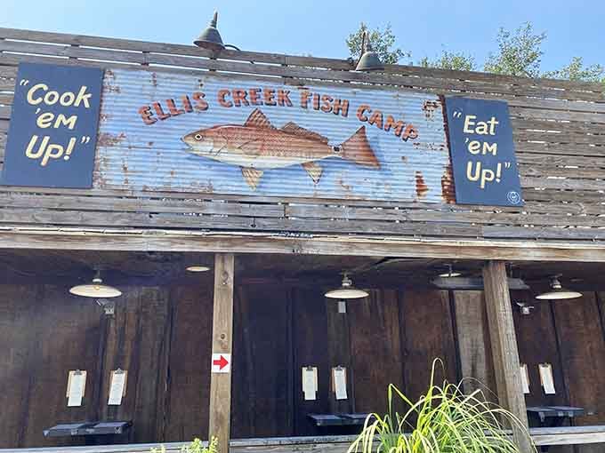 "Cook 'Em Up, Eat 'Em Up" might be the most honest restaurant motto ever written on a building.