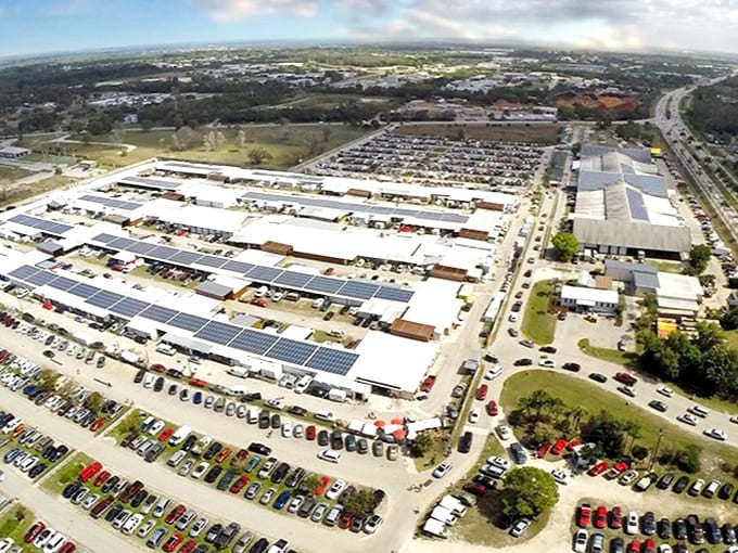 Solar panels gleaming above countless stalls prove this market is thinking green while selling everything imaginable.
