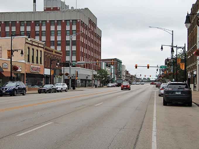 Galesburg's main street stretches wide and welcoming, where every storefront tells a railroad town story.