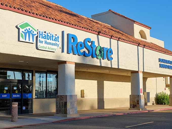 The bright blue ReStore sign shines like a beacon for bargain hunters who build dreams one donation at a time.