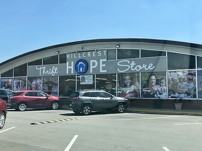That curved roofline and wall of windows create an inviting entrance where hope literally meets great deals.