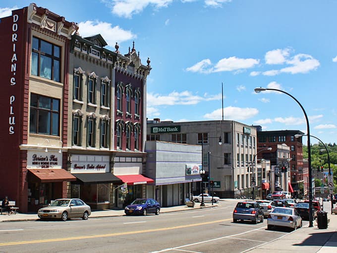 Ornate Victorian buildings create a stunning streetscape that looks like a movie set from the golden age.