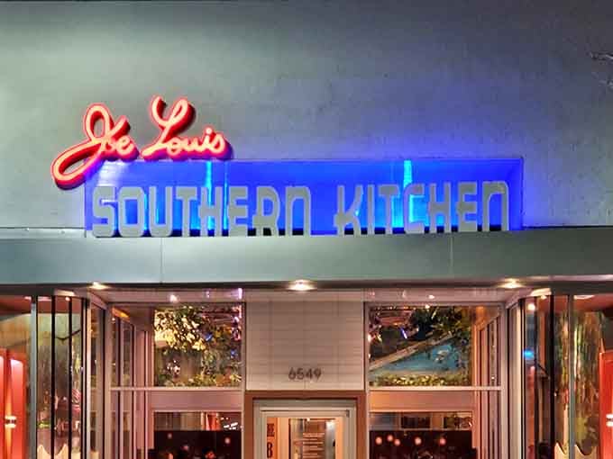 Joe Louis Southern Kitchen's neon blue sign glows like a beacon of hope for those seeking soul-satisfying fried chicken in Detroit.