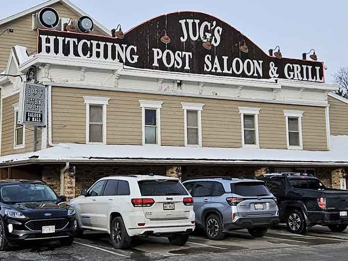 That packed parking lot in winter tells you everything: this Old West-style saloon serves food worth braving the cold.