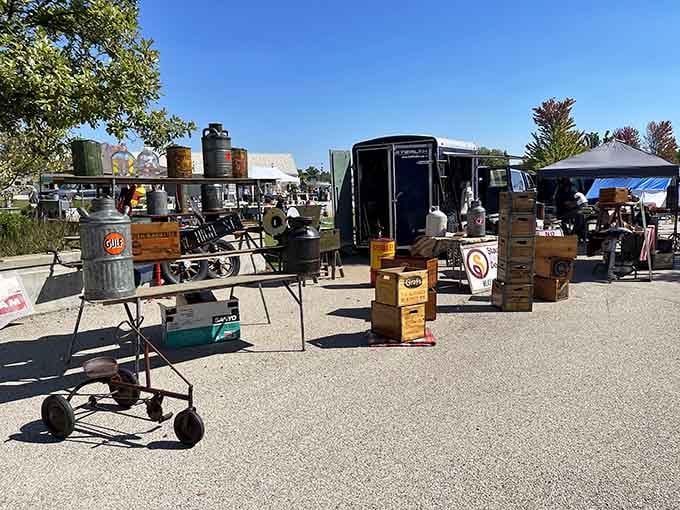 Vintage Gulf signs and old wagons create an outdoor museum where everything's actually for sale and surprisingly affordable.