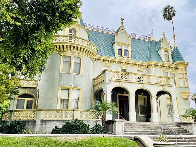 That turquoise roof gleaming in the sunshine makes this French chateau look like it wandered from the Loire Valley.