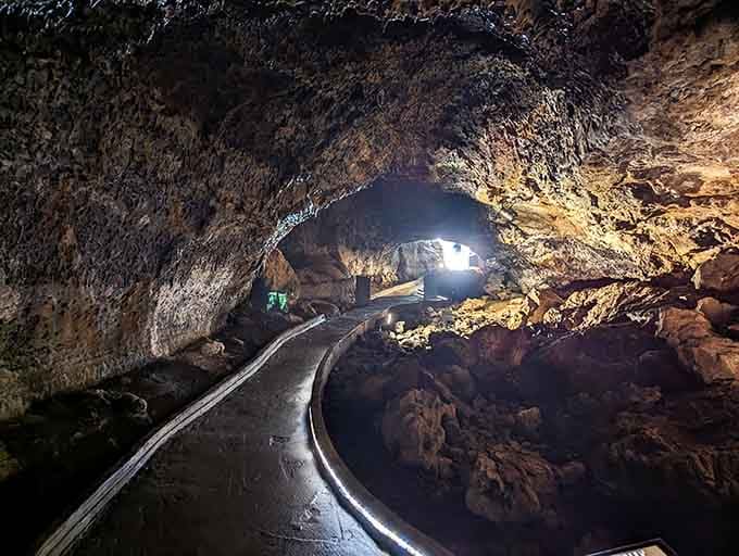 This lava tube glows with an otherworldly light, like walking through a tunnel on the moon's surface.