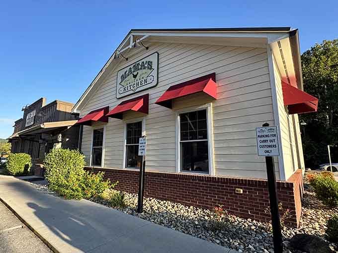 Simple cream siding, red awnings, and a sign that promises exactly what you'll get – chicken that tastes like childhood memories.
