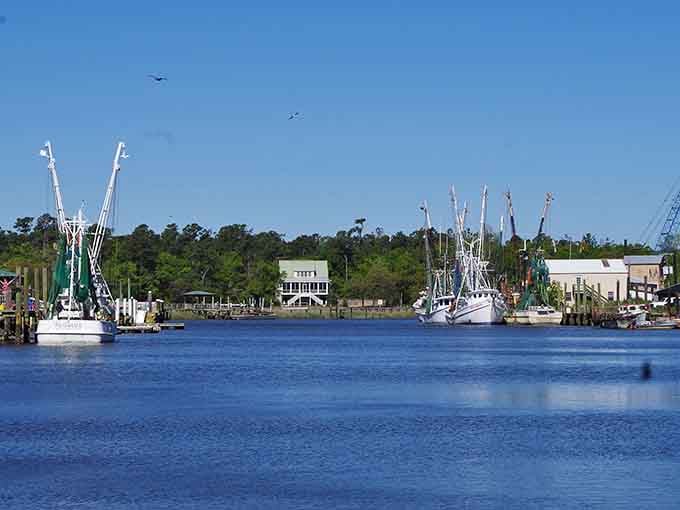 Working shrimp boats line the harbor like they have for generations, nets ready for tomorrow's catch.