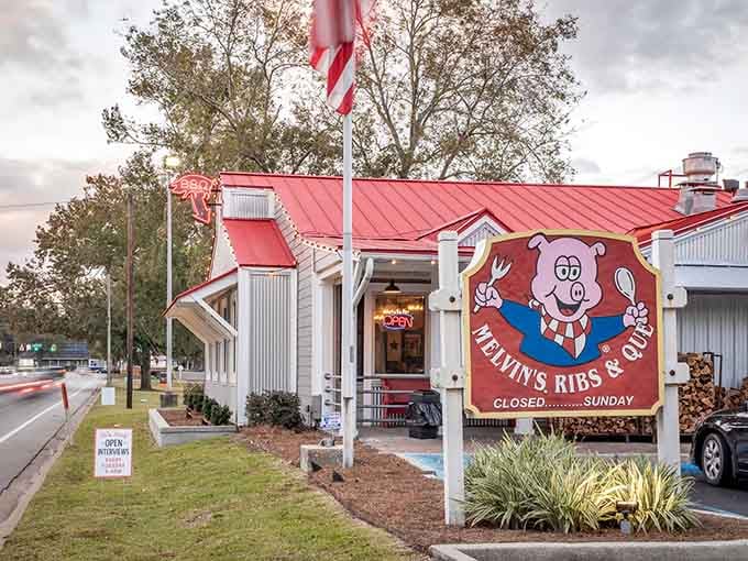 Melvin's cartoon pig mascot practically winks at you, inviting you to taste some of Charleston's finest mustard-based barbecue magic.