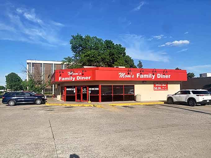 Mom's Family Diner's bright red awning stands out like a culinary exclamation point against the Oklahoma sky.
