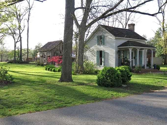 White clapboard homes and manicured lawns create a scene straight from a simpler, more gracious era.
