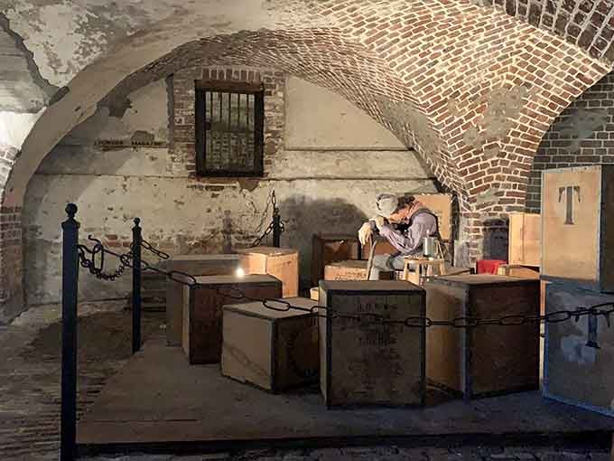 The brick arches underground create shadows that dance across centuries of Charleston's most dramatic Revolutionary War moments.