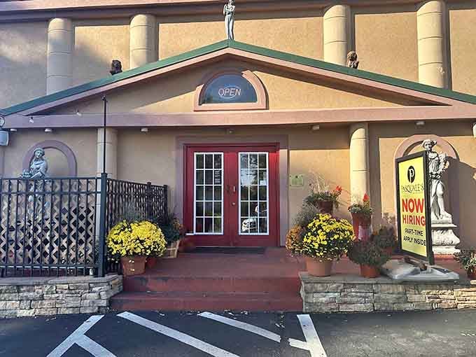 Like a Roman temple dedicated to pizza gods, this Lancaster gem welcomes pilgrims with bright flowers and the promise of perfect crust.