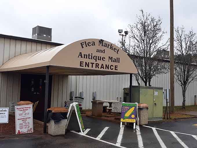 The curved entrance awning welcomes you like an old friend inviting you into their treasure-filled garage sale.