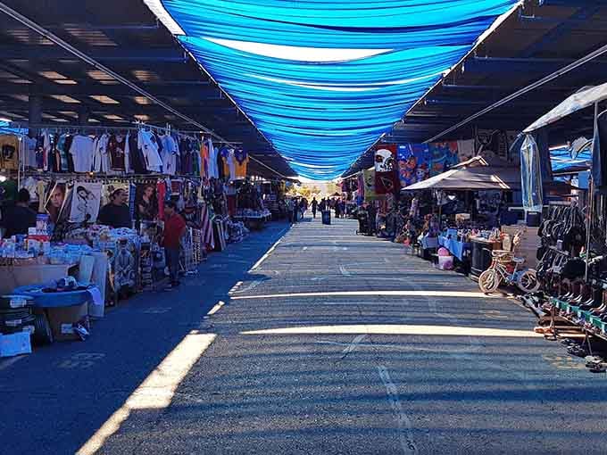 Those brilliant blue tarps overhead transform ordinary shopping into a shaded adventure worth writing home about.
