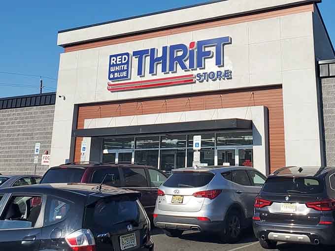 A packed parking lot on a sunny day tells you everything about this patriotic thrift paradise.
