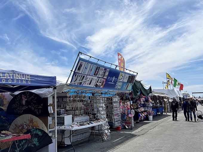 Blue skies meet endless rows of vendor stalls where everything from jewelry to phone cases awaits your attention.