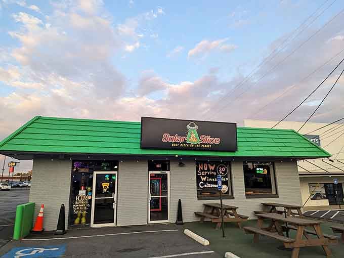 Solar Slice's vibrant green roof stands out like a UFO of flavor that's landed in Marietta.