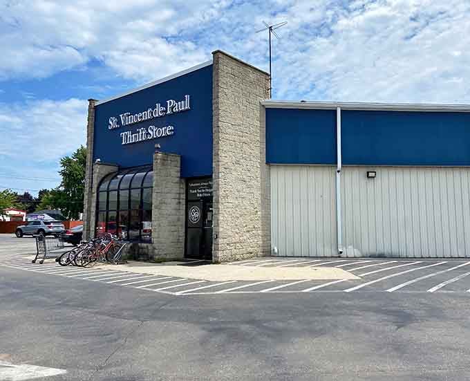 The curved glass entrance practically beckons you inside this blue-and-white beacon of secondhand shopping excellence.
