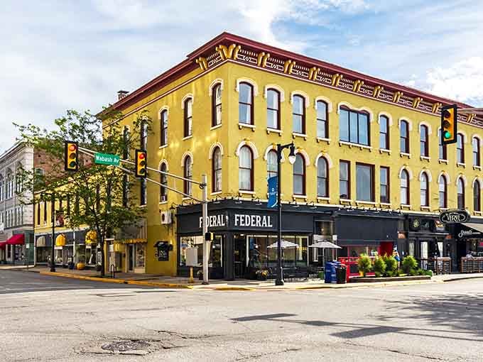 That golden corner building in Terre Haute stands proud like it's been keeping downtown secrets since the Eisenhower era.