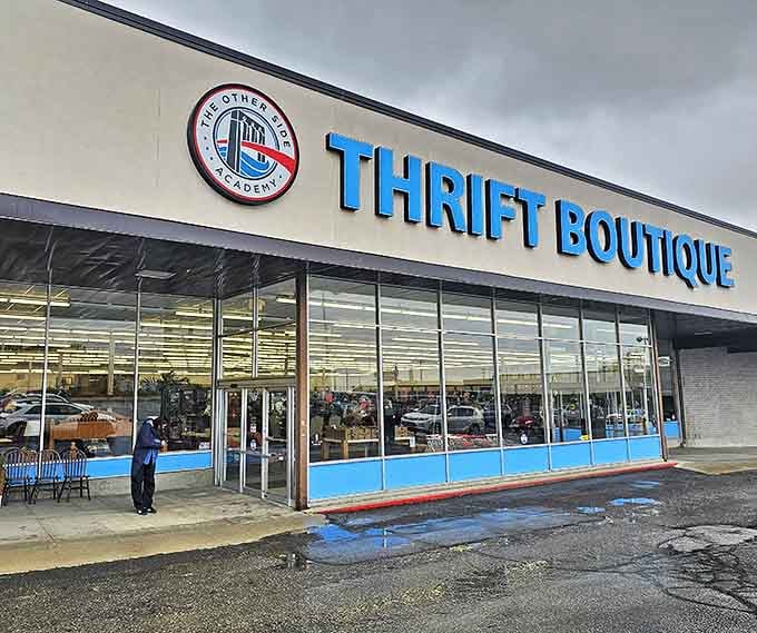The Other Side's bright blue signage stands out like a beacon for bargain hunters. Where shopping and supporting recovery programs create the perfect virtuous circle.