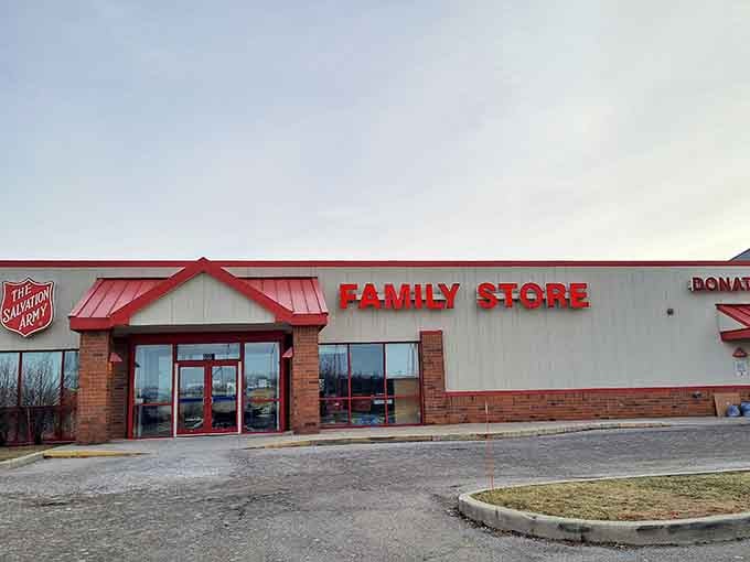 The Salvation Army's bright red awning welcomes bargain hunters like a beacon of hope for your wallet and closet.
