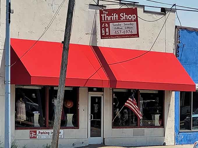 Those cheerful red awnings wave you inside like a friendly neighbor inviting you over for coffee and deals.