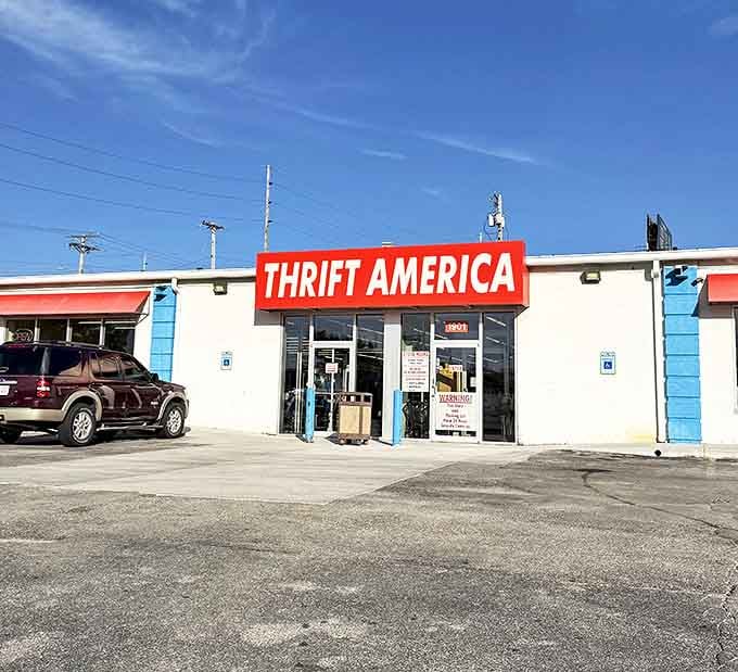 Thrift America's bold red sign promises exactly what thrifters crave: endless aisles of affordable treasures waiting inside.