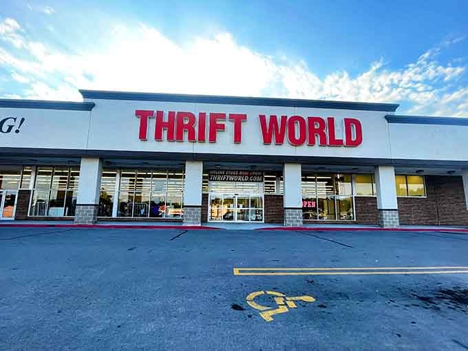 Under those gorgeous blue skies, Thrift World stands ready to welcome bargain hunters through its wide glass doors.