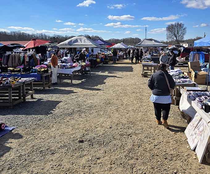 Colorful tents stretch toward the horizon like a carnival of commerce under perfect blue skies and sunshine.