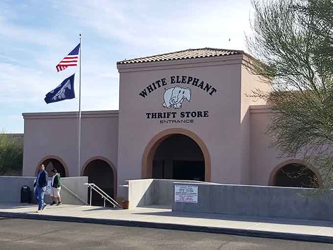 Patriotic flags wave proudly above this community treasure where one person's castoffs become another's cherished finds.