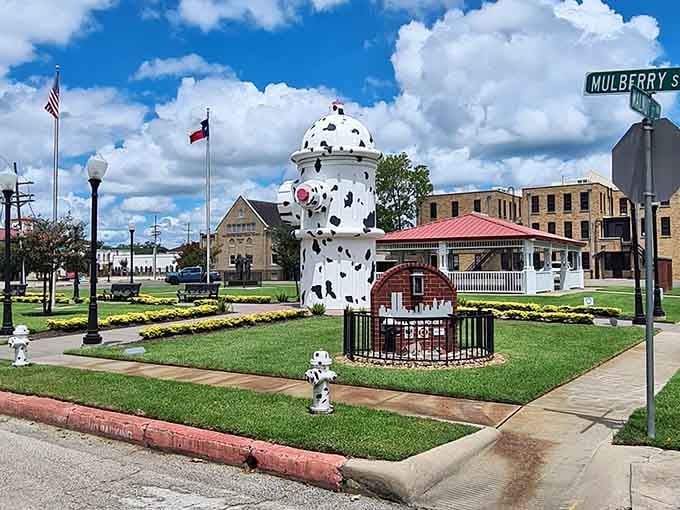 This Dalmatian-spotted giant stands guard over downtown, making regular fire hydrants look like garden gnomes by comparison.