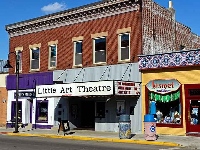The Little Art Theatre's purple facade pops like a grape Popsicle, bringing independent films to this creative community.