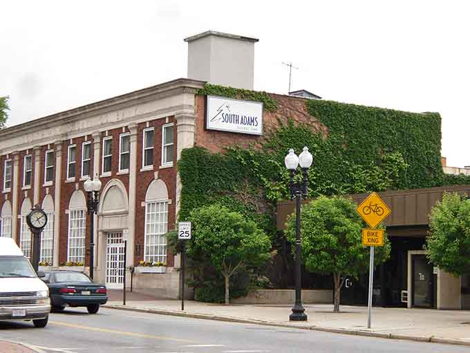 That ivy-covered building wears its green coat like a badge of honor, proving nature and architecture make beautiful partners.
