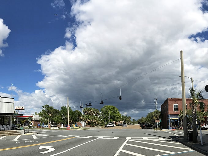 Storm clouds gather over Apalachicola's wide streets, adding dramatic flair to a town that's seen its share of weather and history.